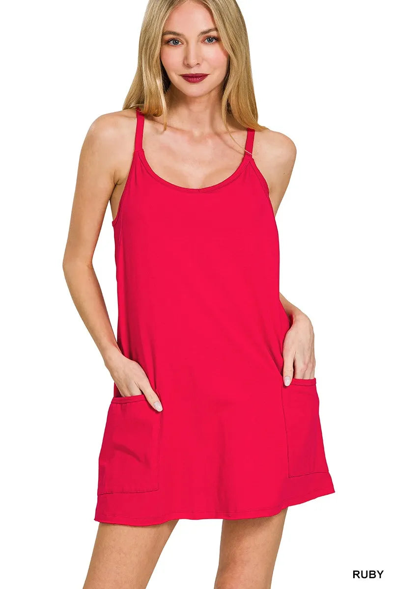 Zenana USA Cami Mini Dress with Built-in Romper Liner in Ruby Red for ...