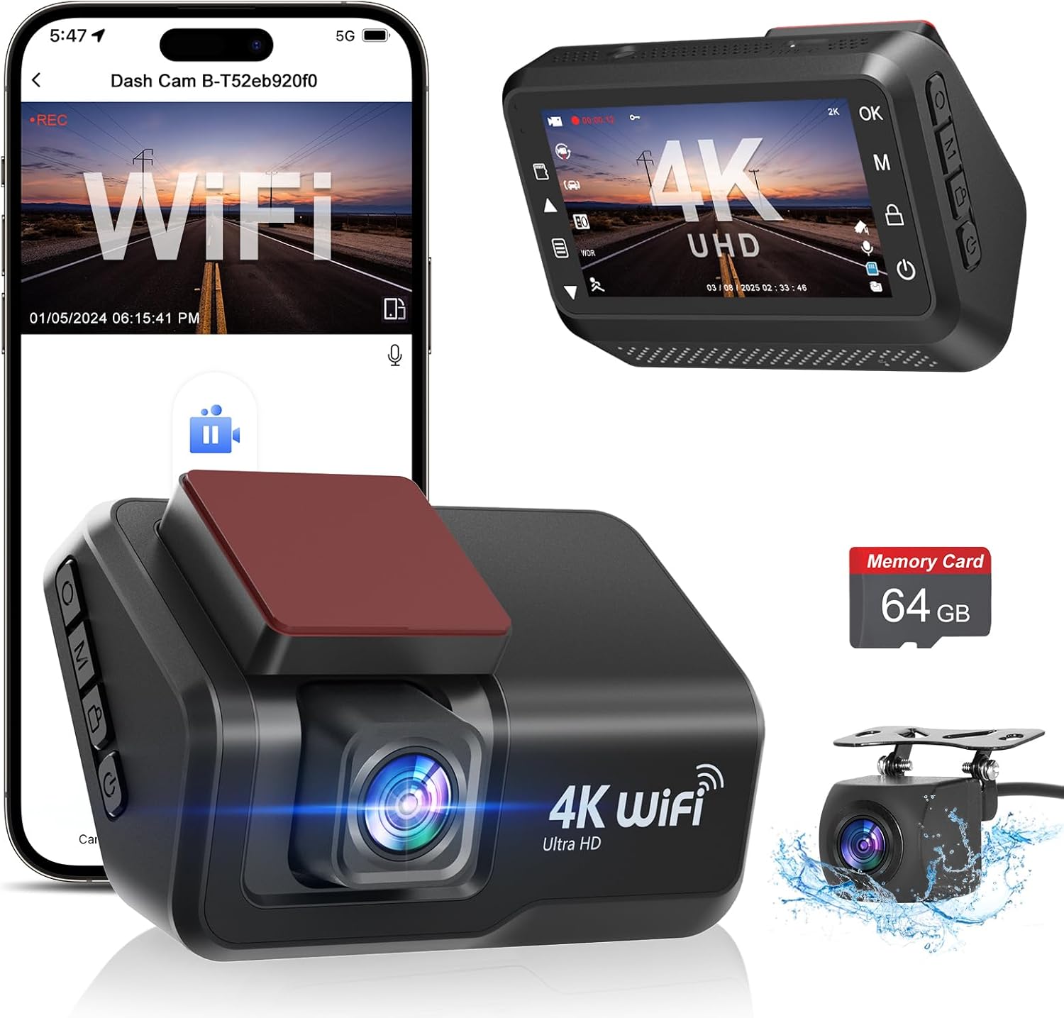 Dash Cam Front and Rear Camera, 4k+1080P WiFi Dual Dash Cam with APP ...