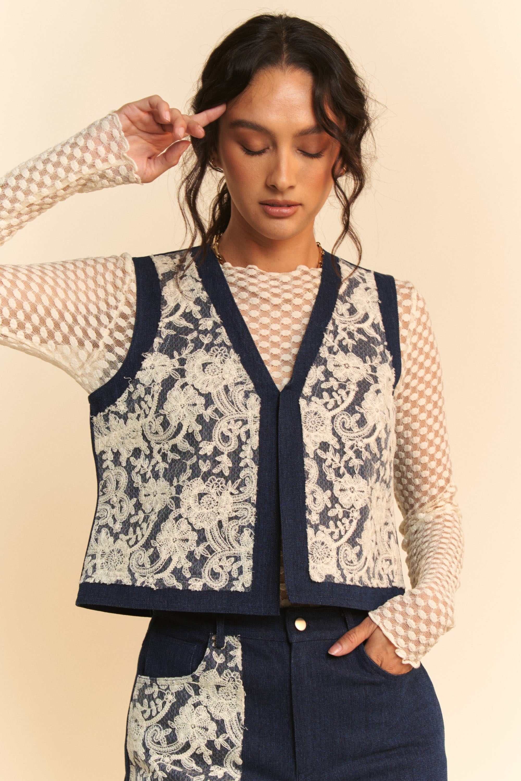 Lace Patch Open Front Denim Vest for Teen Girls and Women, Dark Indigo ...