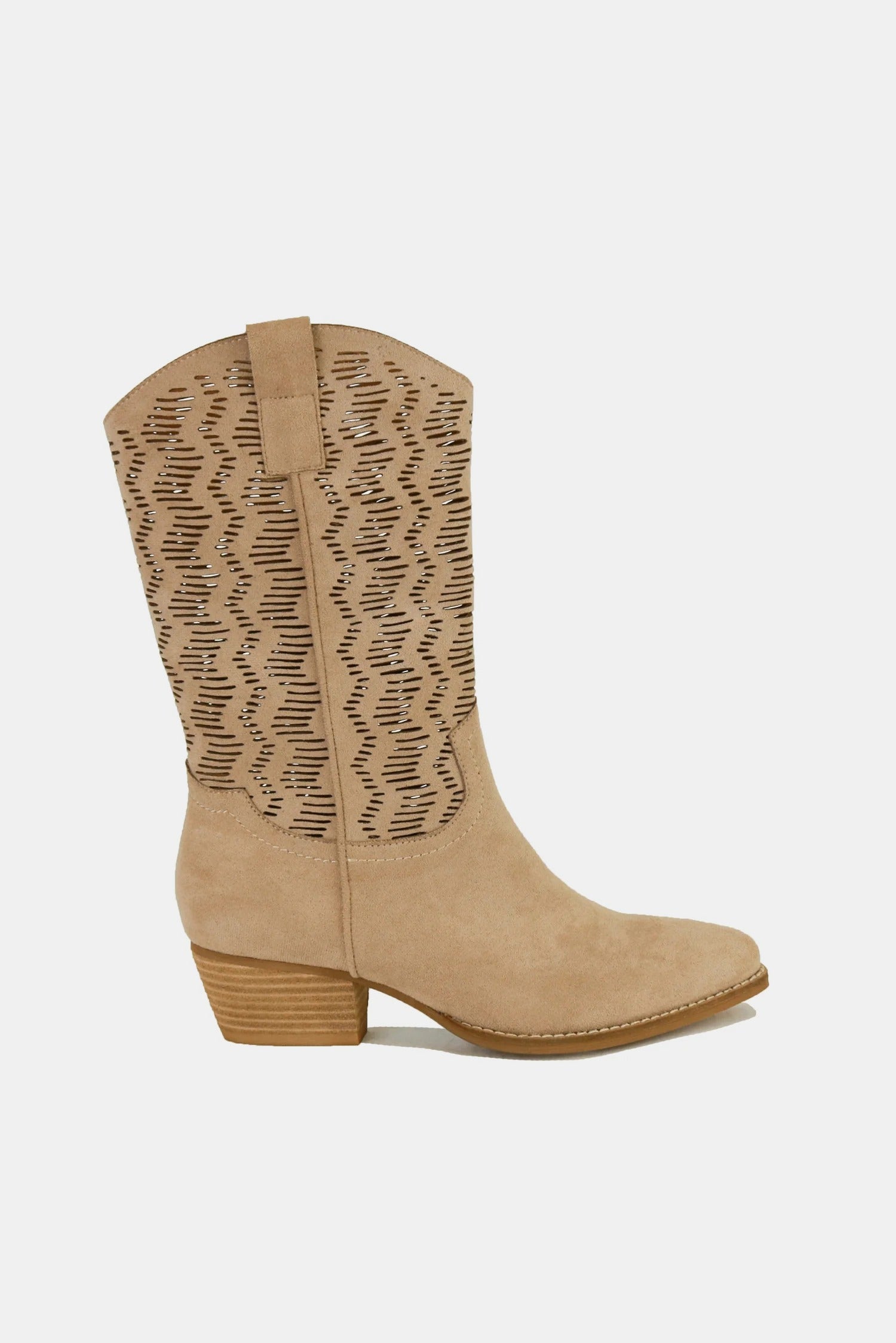 Gorgeous Fashion Faux Suede Laser Cut Detail Block Heel Boots in Tan C ...